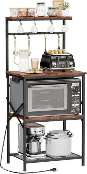 Kitchen Bakers Rack with Power Outlet, Small Microwave Stand with Adjustable Storage Shelves ...