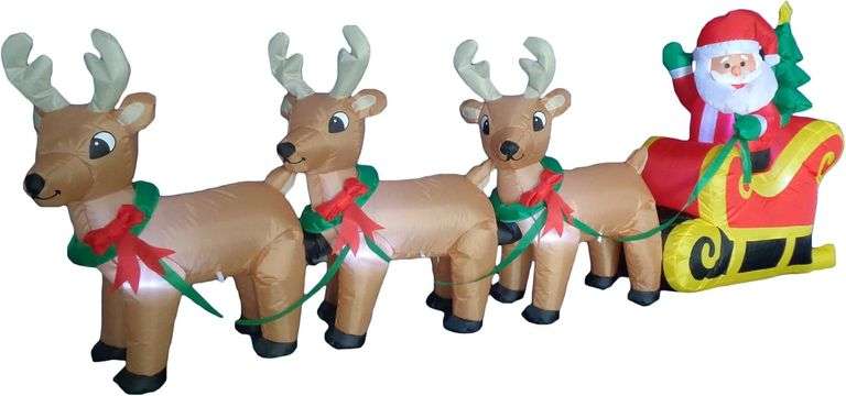 8 Foot Long Christmas Inflatable Santa on Sleigh with 3 Reindeer and ...