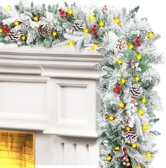 Christmas Garland 9 ft with Lights & Timer, Prelit Xmas Snowy Garland ...