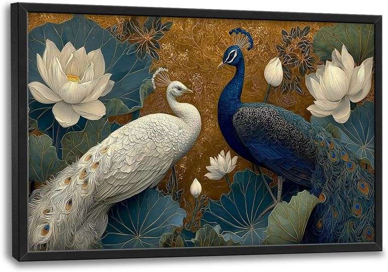 Peacock Large Wall Art for Living Room Vintage Blue and White Peacock ...