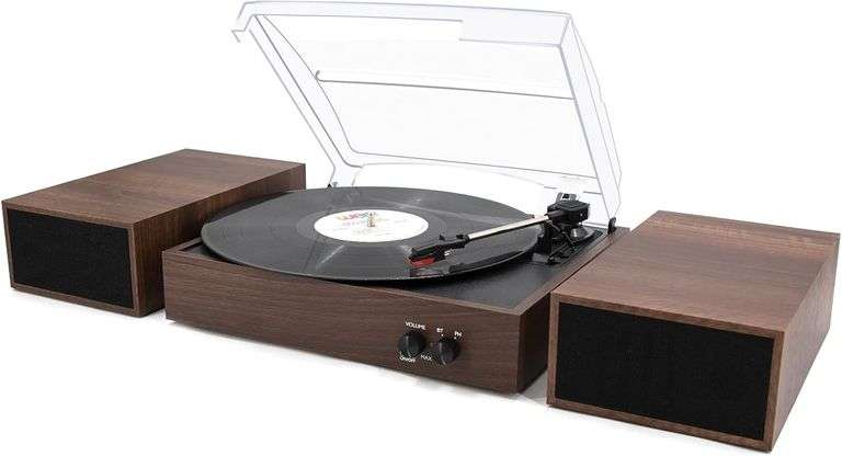 $98 LP&No.1 Wireless Turntable with Stereo Bookshelf Speakers, 3 Speed Vintage Belt-Drive ...