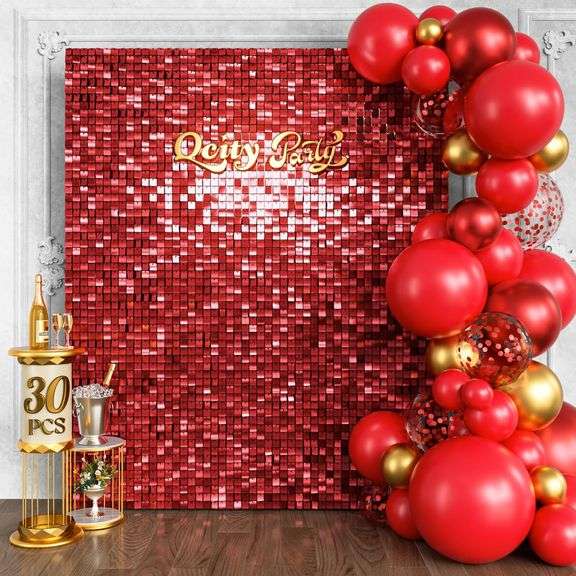 Qcity Red Shimmer Wall Backdrop, 30PCS Panels, Glitter Sequin Backdrop ...