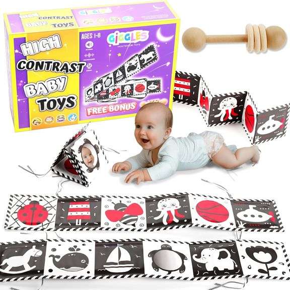 (2) High Contrast Baby Toys 0-6 Months - Soft Book & Wooden Ring Rattle ...