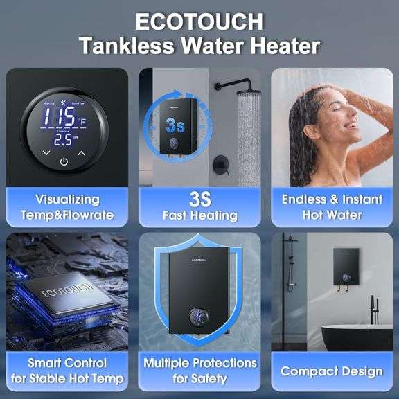 Electric Tankless Hot Water Heater, ECOTOUCH 18kW on Demand Instant ...
