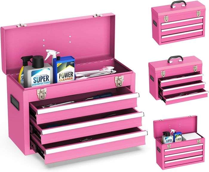 Portable Metal Tool Box, 3 Drawer Steel Tool Box with Top Storage Tray ...