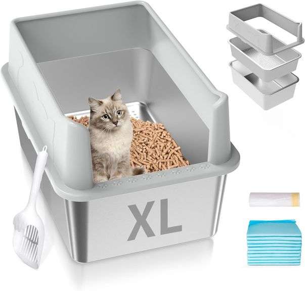 Stainless Steel Cat Litter Box with Lid, XL High Sided Metal Sifting ...