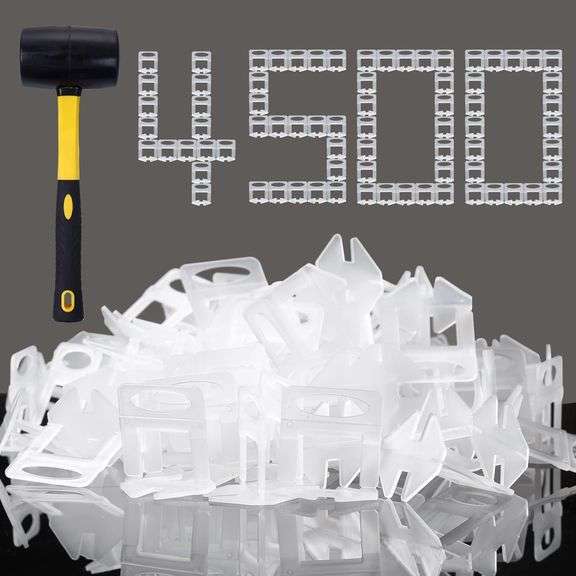 Tile Leveling System Clips 1/8" 4500 Piece Tile Spacers Clips and 16 oz Rubber Mallet Hammer ...