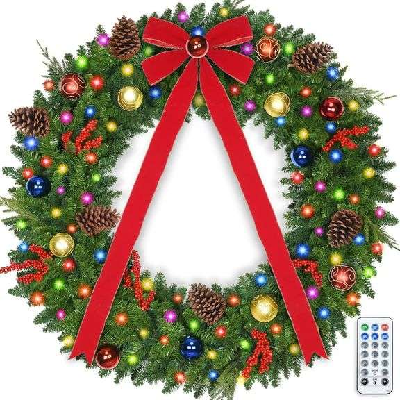 Large Christmas Wreath with USB Powered 200 Lights,48 Inch Pre-Lit ...
