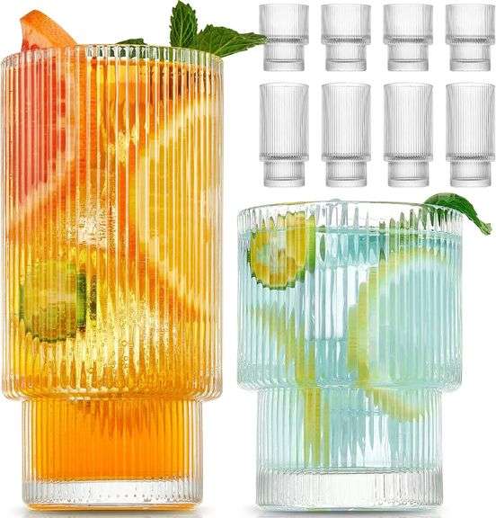 8 Pack Drinking Glasses, 4pcs Highball Glasses (11oz) & 4pcs Rocks ...