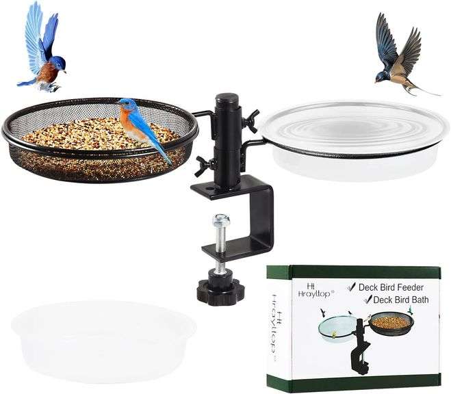 HRAYLTOP Deck Bird Feeders with Metal Mesh Tray and 2 Water Bowls ...