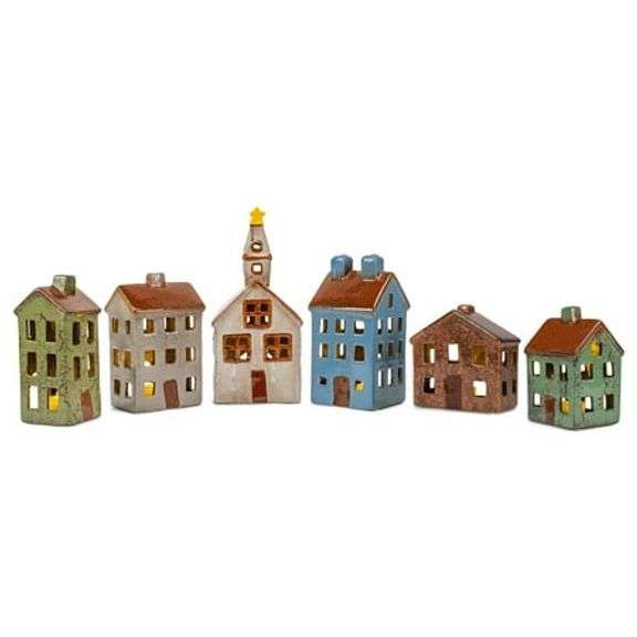 Village Houses and Church LED Tea Light Ceramic Stoneware Figurines 12 ...