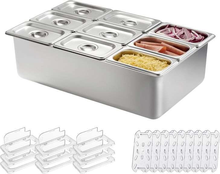 CURTA Ice Chilled Condiment Serving Container (9 Pan), 9 1/9 4" Pan & 9 ...