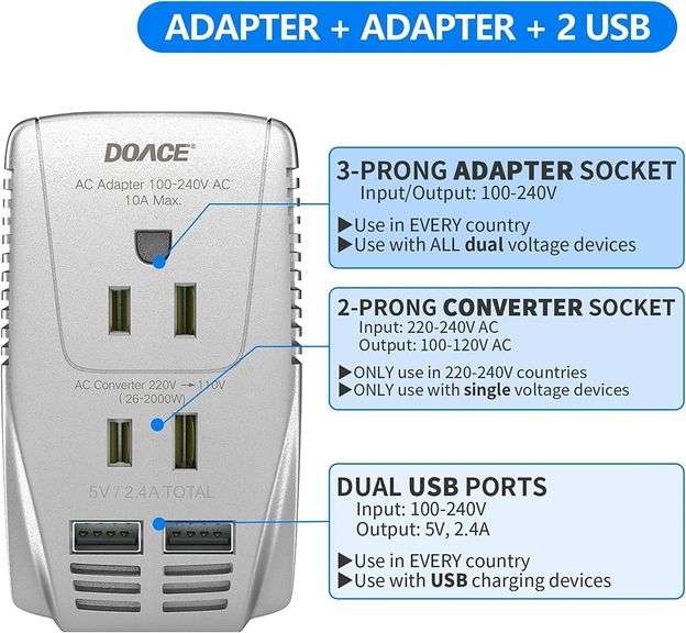 220V to 110V Converter, DOACE 2000W Travel Voltage Converter for Hair ...