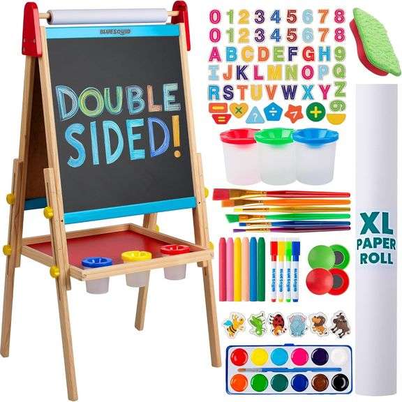 Blue Squid Art Easel for Kids - Dual-Sided Adjustable Wooden Painting Easel - Matthews Auctioneers