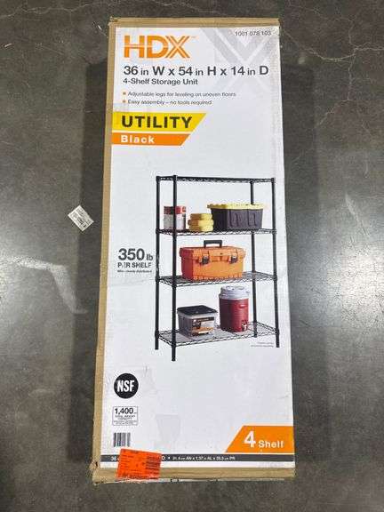 HDX Utility 4 Shelf Black 36 in W x 14in L x 54 in H - Matthews Auctioneers