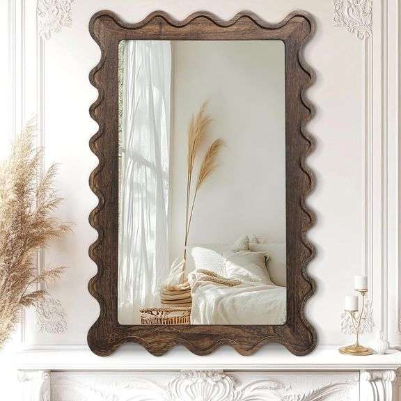 JJUUYOU Wave Mirrors Bathroom Wall Mirror Large Wooden Frame Modern ...