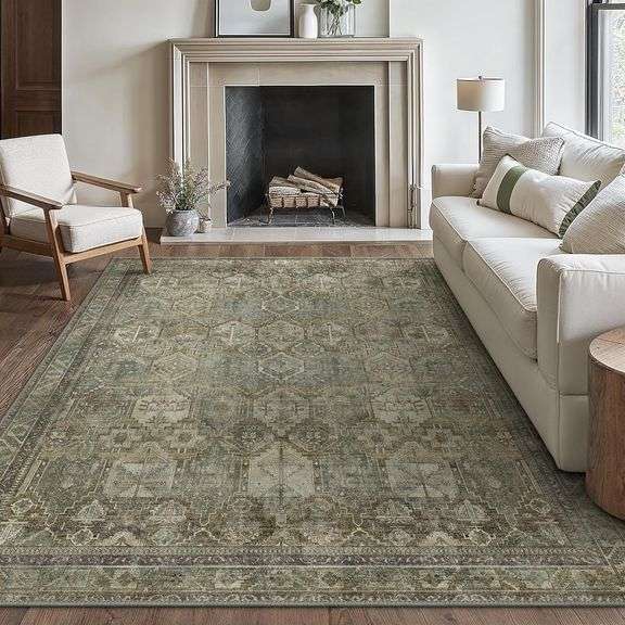 Bavni Area Rug 8x10 Machine Washable Vintage Distressed Print Ultra ...