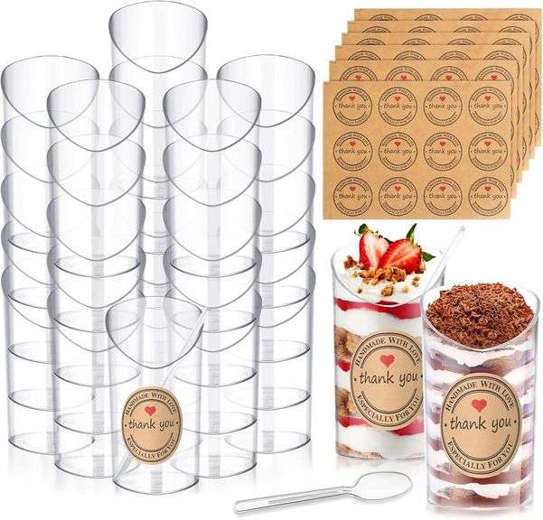 100 Packs Clear Plastic Dessert Cups with Spoons and Stickers Small ...
