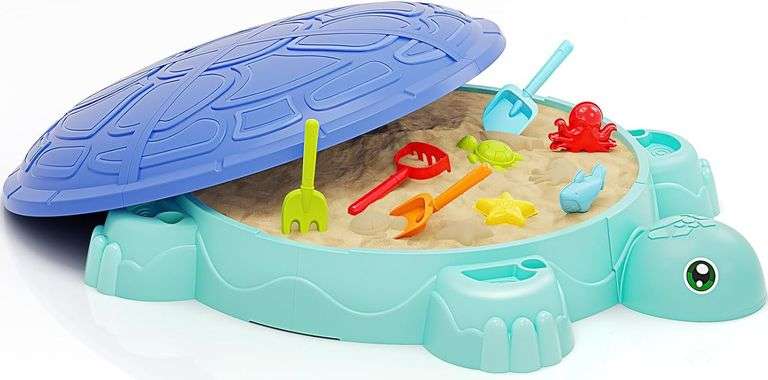 Sandbox with Lid, Kids Turtle Sand Box with Sand Molds and Shovels Set ...