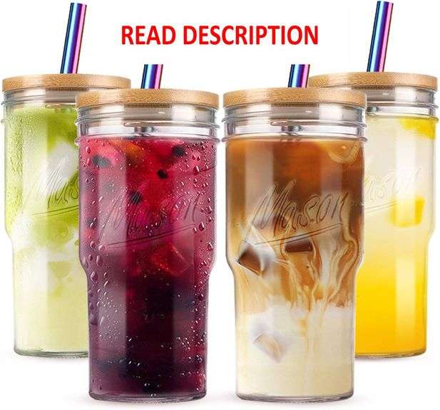 22 oz Glass Cups with Lids and Straws - 4 Pack Glass Tumbler Cups Wide ...