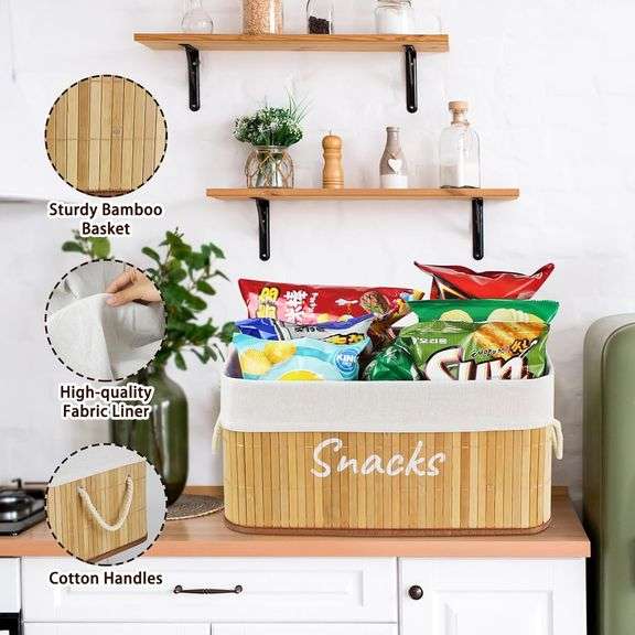 Snack Bin for Pantry - Bamboo Snack Basket Organizer for Cabinet ...