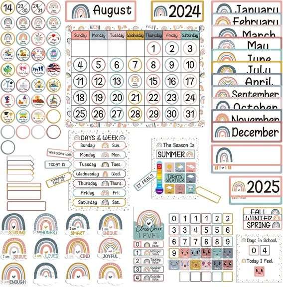 Boho Rainbow Calendar Bulletin Board Set with Seasons, Festival ...
