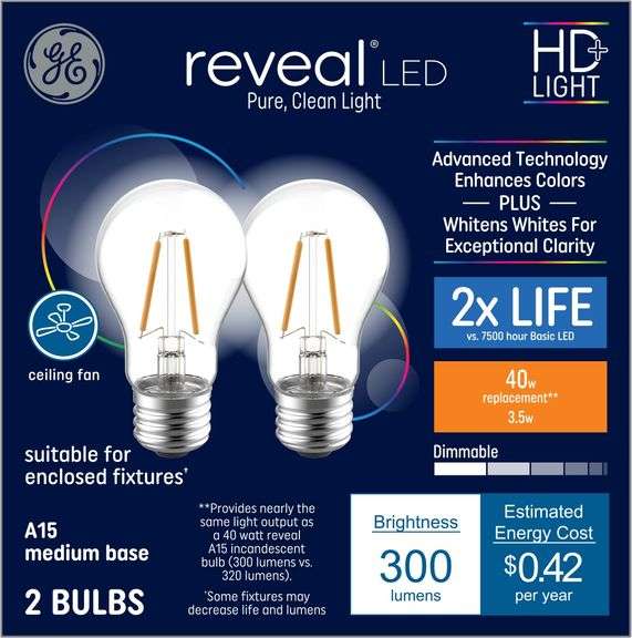 (2) GE Reveal 40-Watt EQ A15 Color-enhancing Medium Base (e-26 ...