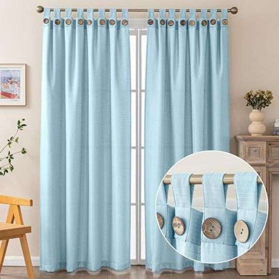 BRIGHTSHEER Celestial Blue Oxford Curtain 2 Panels, Delicate Faux Linen Blend Semi-Blackout ...