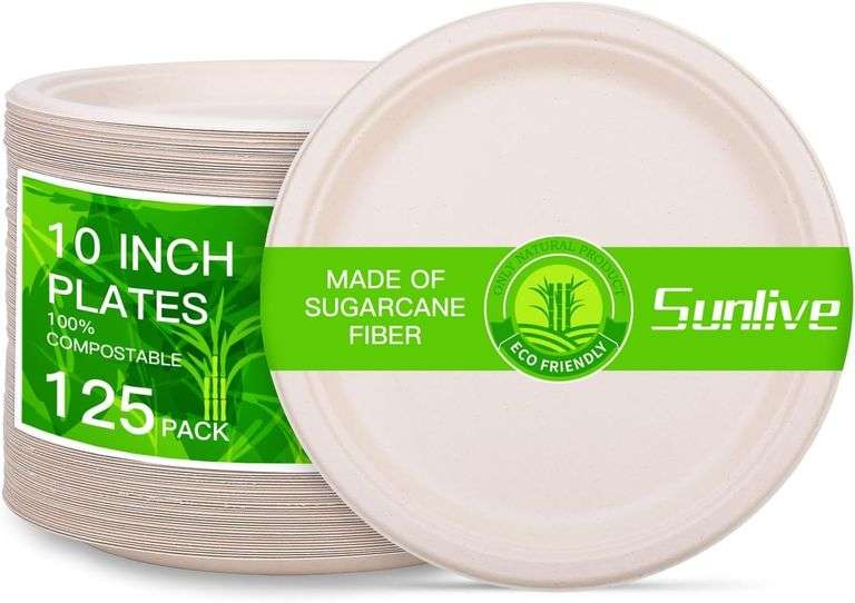 Sunlive 100% Home Compostable 10 inch Paper Plates, 125 Pack Heavy-Duty ...