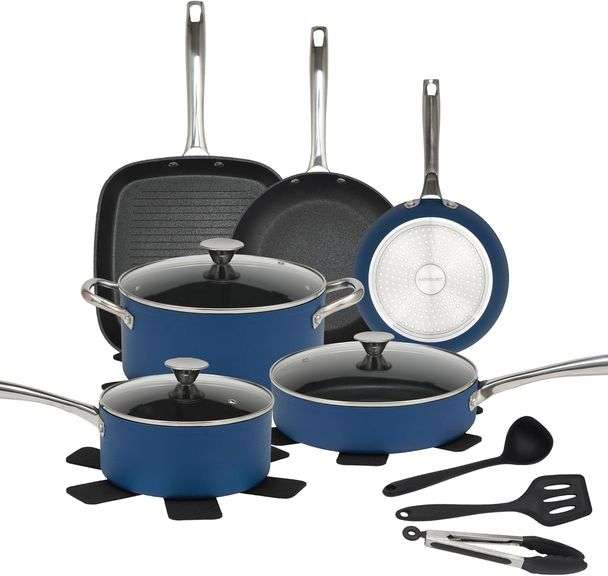 HAFMOOBEY Pots and Pans Set Nonstick, 18PCS Blue and Black Induction ...