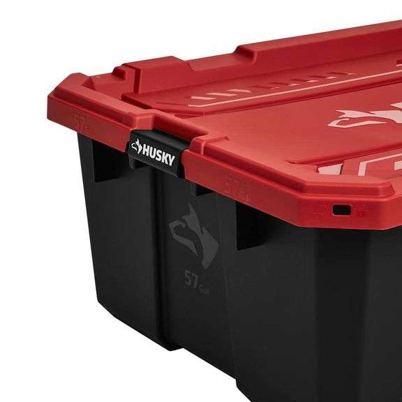 Husky 57 Gal. Pro Grip Storage Tote with Wheels in Black with Red Lid ...