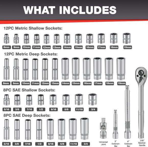 EACELIY 44pcs 3/8" Drive Impact Socket Set,Drive Master Socket Set,SAE/Metric, Deep & Shallow ...