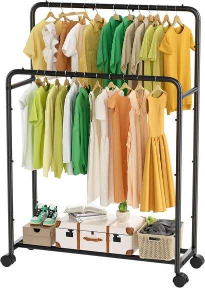 Simple Trending Clothing Clothes Rack Double Rods with Wheels, Rolling ...
