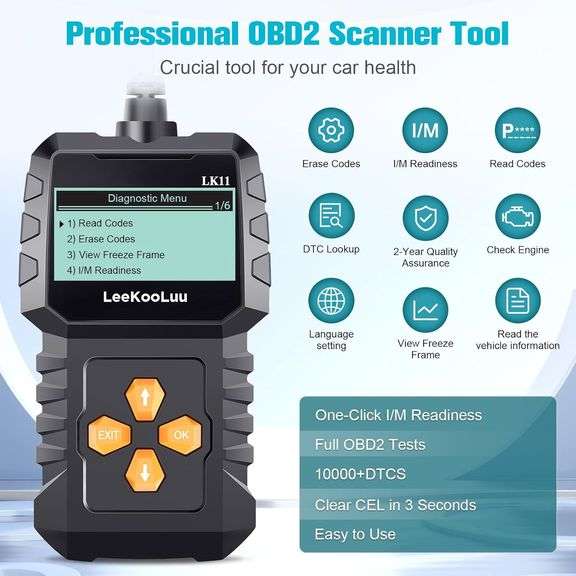 OBD2 Scanner Ease Setup Plug-Play: Clear Reset Engine Error Code Professional Code Reader ...