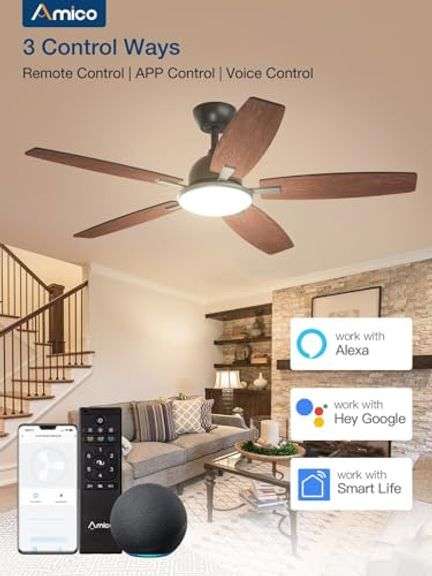 Amico Ceiling Fans with Lights, 52 inch Smart Ceiling Fan with Remote ...