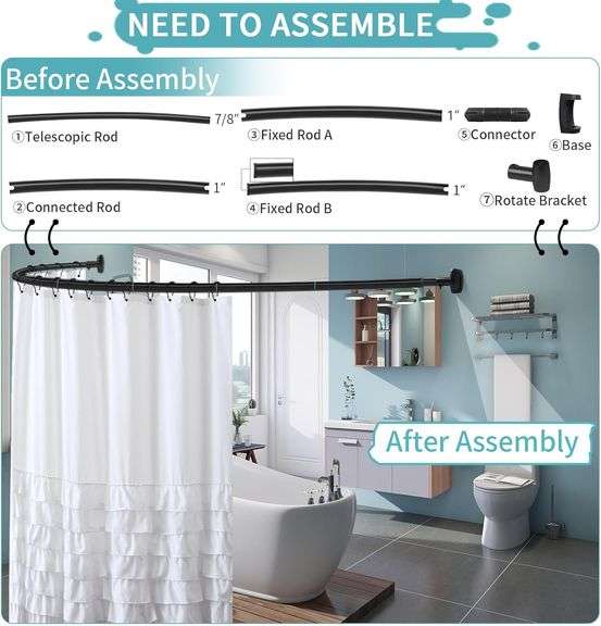 YNL Curved Shower Curtain Rod 35-82In(2.9-6.8Ft), Matte Black Rounded ...