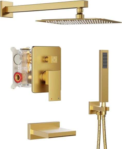Gold Shower System with Tub Spout, All Metal Tub Shower Faucet Set with 10" Rain Shower Head and ...