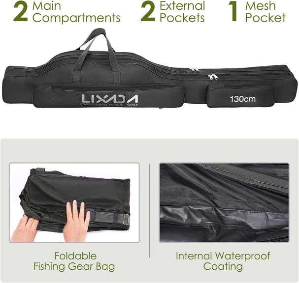 Lixada Fishing Rod Carrier Portable Canvas Fishing Rod Case Fishing Pole Reel Storage Bag ...