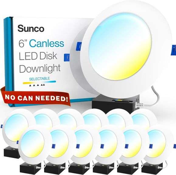 Sunco 12 Pack 6-Inch LED Canless Disk Downlight, 1200 Lumens, Dual ...