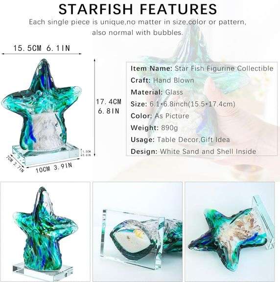 QFkris 7' Hand-Blown Glass Starfish Figurine with Sand Shell Inside,Art ...