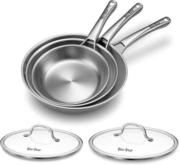Tri-Ply Stainless Steel Frying Pans Set with Lid,PFOA&PTFE Free ...