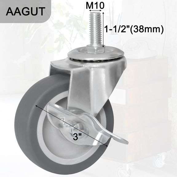 AAGUT 3 Inch Caster Wheels with Locking Brakes, Rubber Heavy Duty M10 x ...