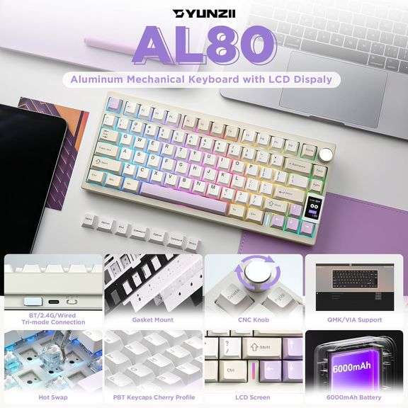 YUNZII AL80 Wireless Mechanical Keyboard,Full Aluminum CNC,Smart LCD ...