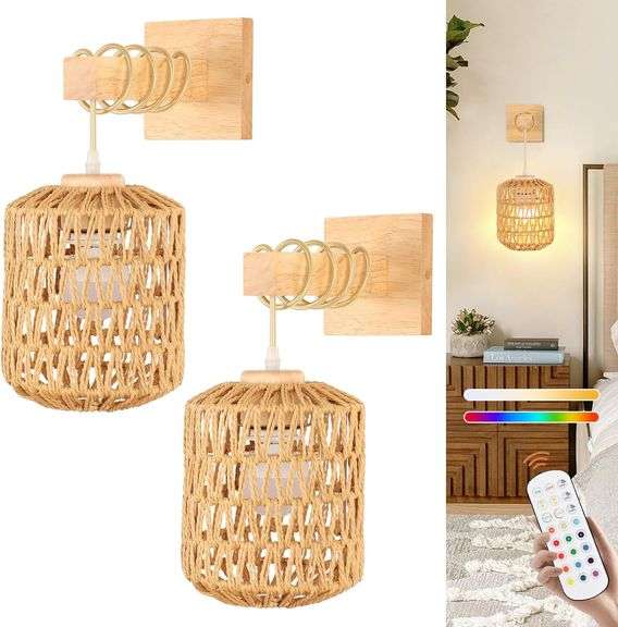 Rattan Wall Sconce Battery Operated Set of 2, Rechargeable Wall Sconce ...