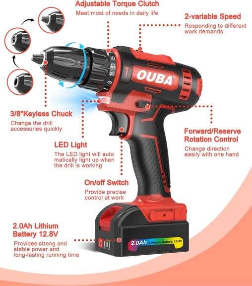 OUBA Cordless Drill Set, 12.8V Lithium Lon Power Drill Cordless with ...