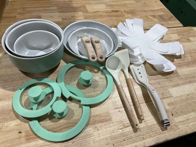 Garli 17pc mint green cookware set with 3bowls, 3lids , 2 skillets with ...