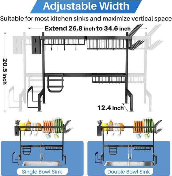 Over The Sink Dish Drying Rack, Adjustable (26.8" to 34.6") Large Dish ...