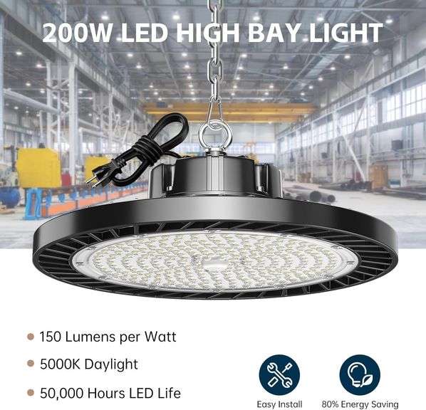 lvsdak UFO LED High Bay Lights 5000K 200W 30000LM AC100-277V with Plug High Bay Led Shop Lights ...