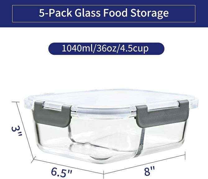 MFY 5-Pack 36 OZ Glass Storage Containers with Lids - 2 Compartment ...