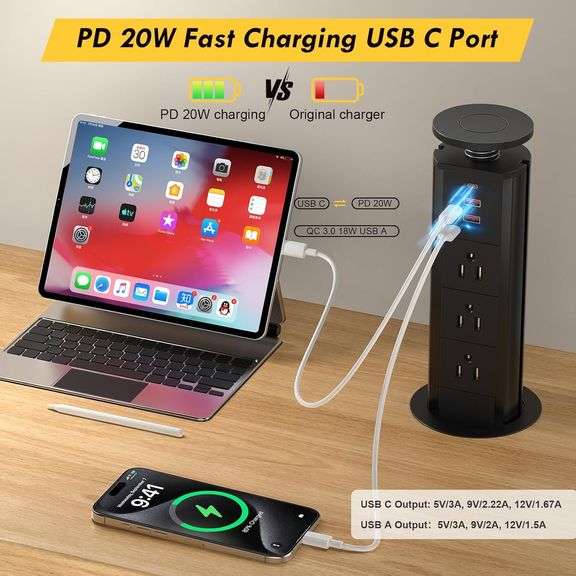 Kungfuking Pop Up Outlet for Countertop, Socket with 3 AC Outlets & 2 ...